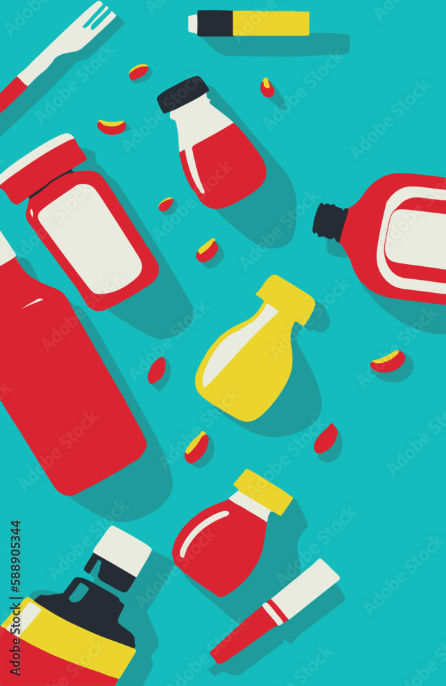Cartoon sauce splash vector set. Mayonnaise, mustard, tomato ketchup in ...