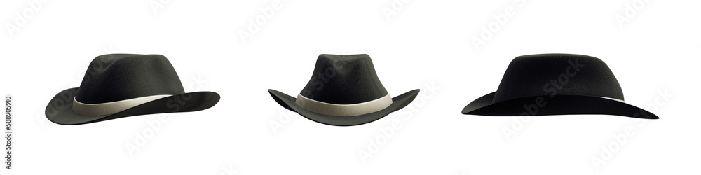 Classic gangster fedora hat from different angles isolated on transparent background. 3D ...