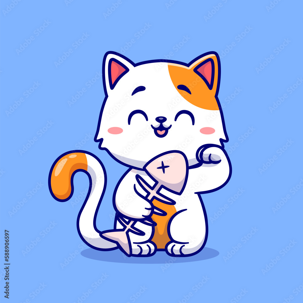 Cute Cat Holding Fishbone Cartoon Vector Icon Illustration. Animal ...