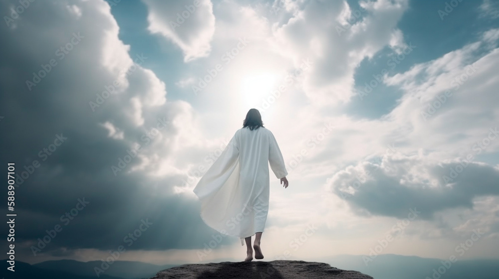 Resurrected Jesus Christ reaching out with open arms in the sky, heaven ...