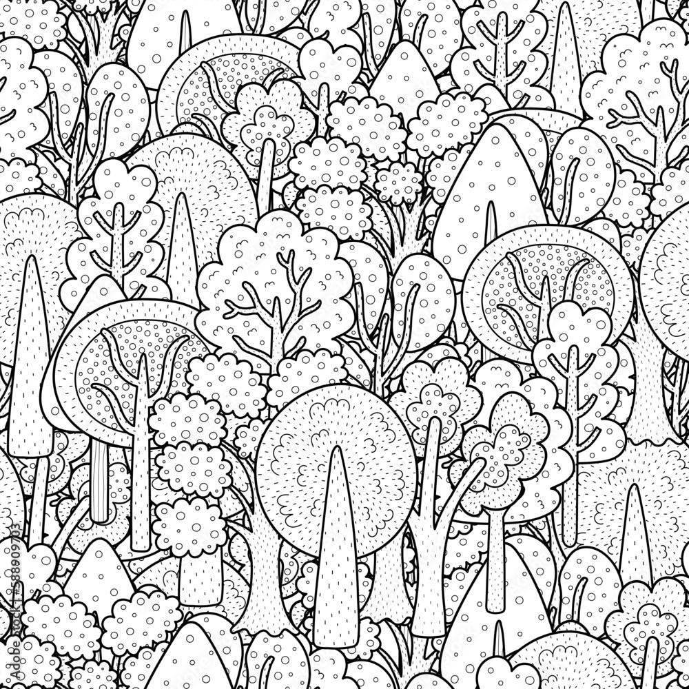 Fantasy doodle forest black and white seamless pattern. Doodle coloring ...