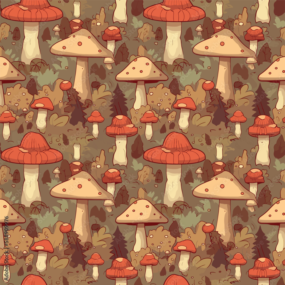 Cartoon style seamless repeatable mushroom fungi background vector ...