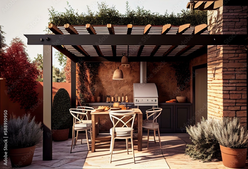 Terraza con bbq con cubierta tipo pergola, 3d render. Generative AI ...