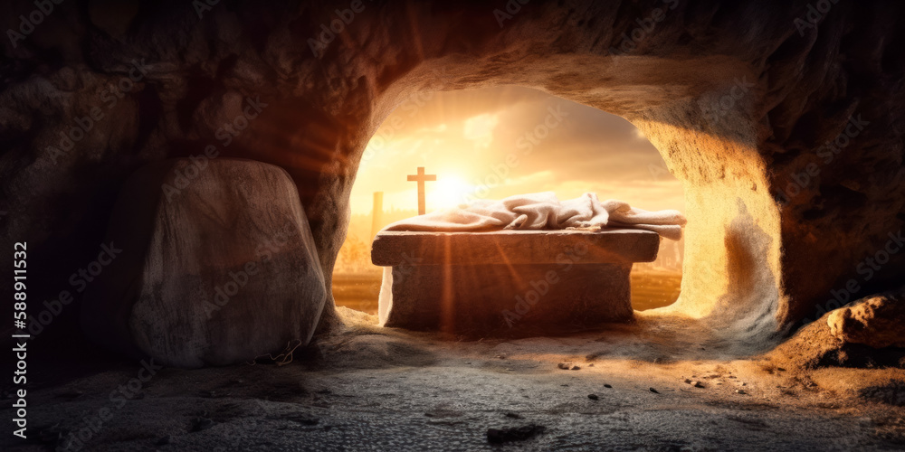 Tomb Empty With Shroud And Crucifixion At Sunrise. Resurrection Of ...