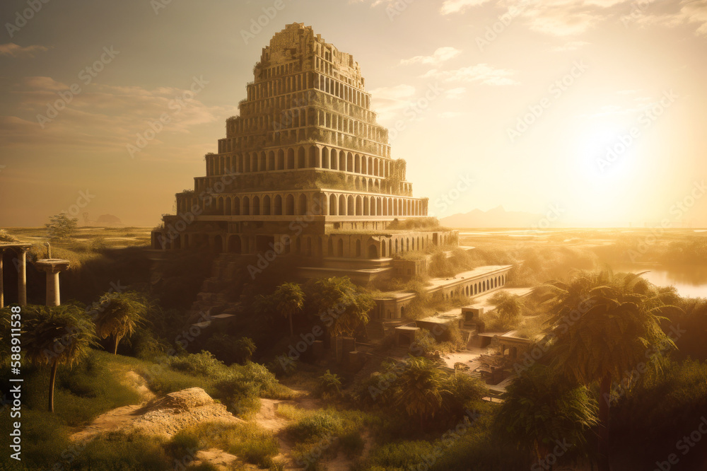 Ancient city of Babylon with the tower of Babel, bible and religion. AI ...
