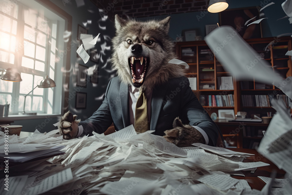 Furious wolf in classic business suit tearing sheets of paper ...