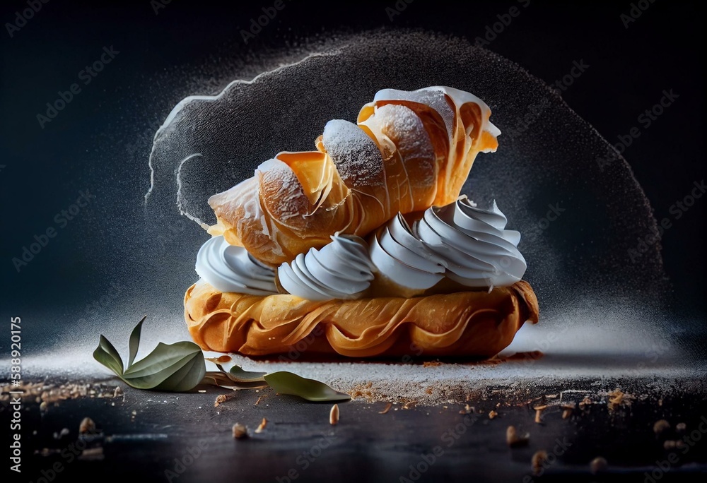 delicious croissant eclair with layers of cream in powdered sugar and ...