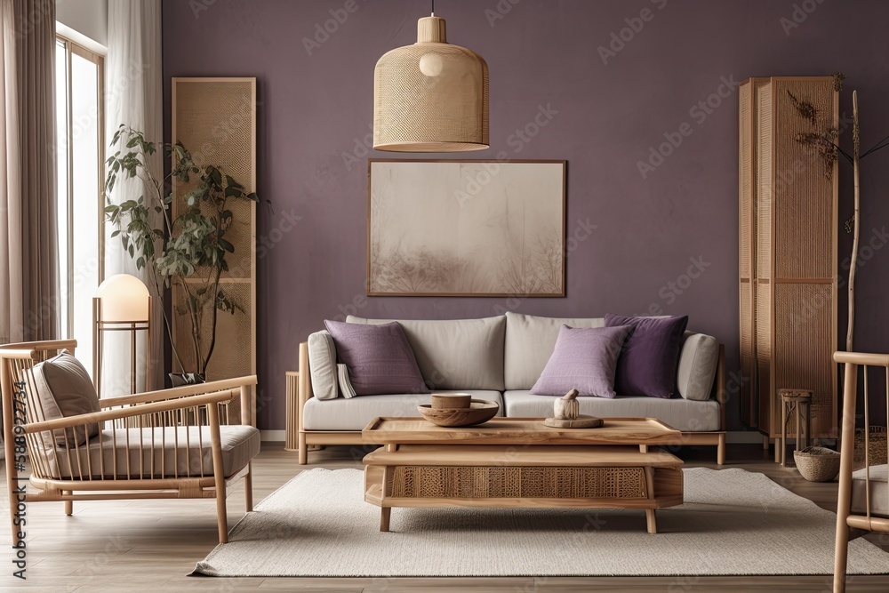 White and purple colors dominate this Japandi timber living room ...