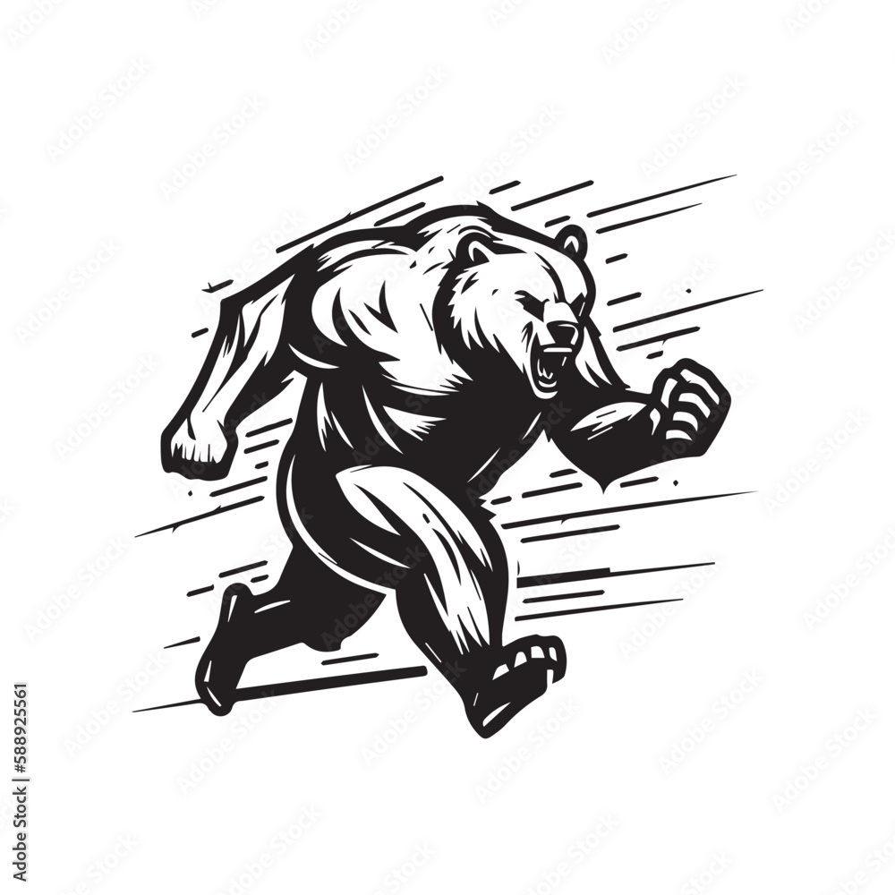 Angry running grizzly bear mascot. black white line art vector ...