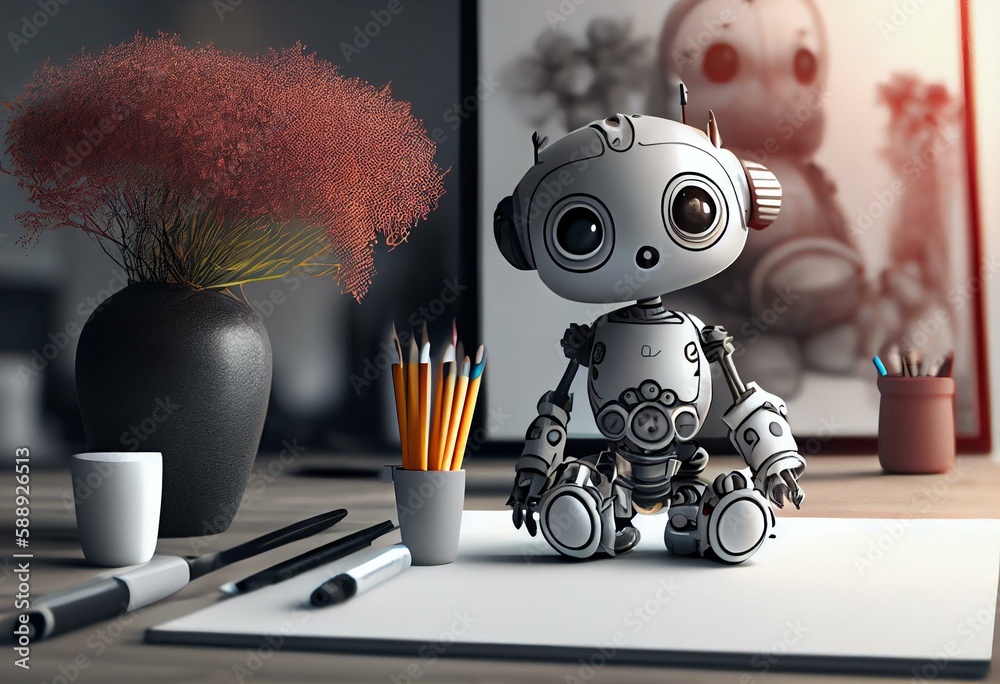 Cute AI inspired robot drawing on blank art space, generative AI Stock ...