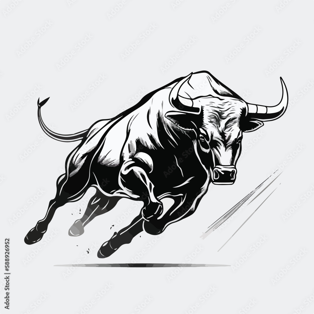 Mascot of running angry bull buffalo. black white line art vector ...