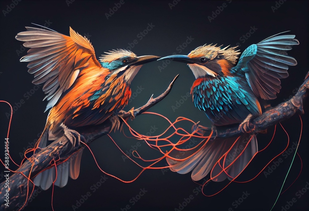 Color illustration of two birds about to fly off a limb, 'how's your ...