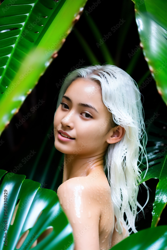 Wet Asian Girl With White Hair Among Tropical Plants Ai Stock