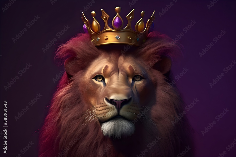 Portrait of realistic lion with king crown with gold, cinematic art ...