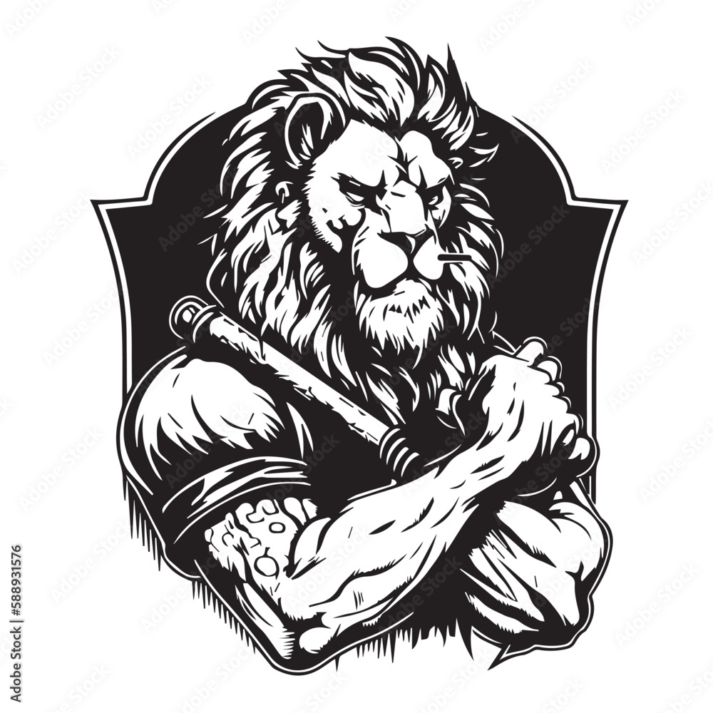 Mascot of cool angry lion king wearing formal suit. black white line ...