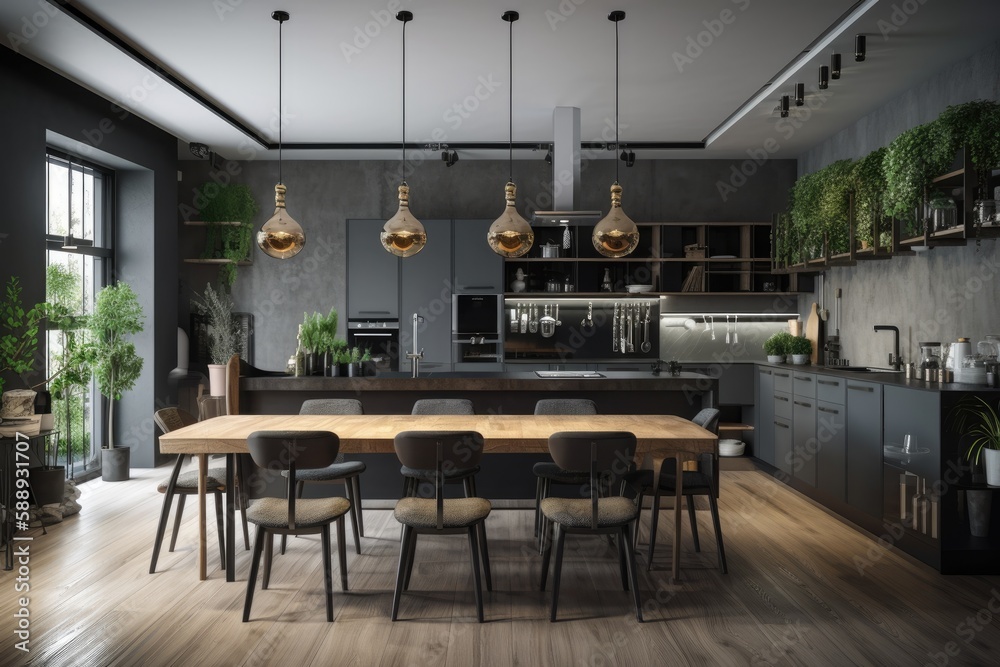 Interior of a gray kitchen with dark gray worktops, wood flooring, big ...