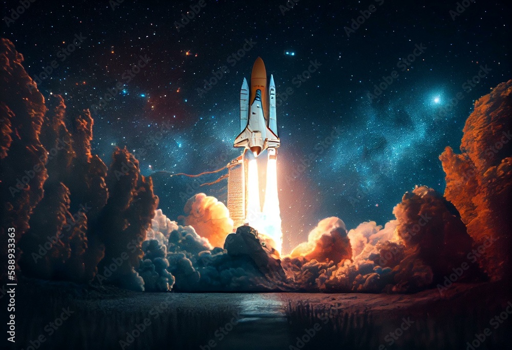 Rocket takes off in the starry sky. Spaceship begins the mission. Space ...