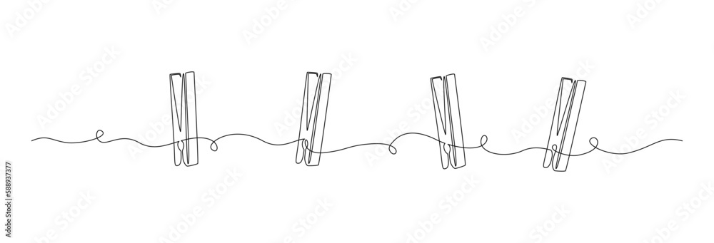 Wooden clothespin in one continuous line drawing. Clothesline with pin ...