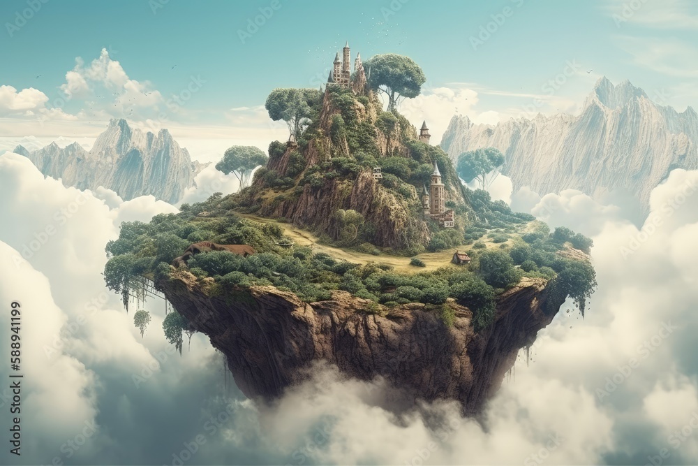Flying island in the sky in fantasy world, Generative AI Stock ...