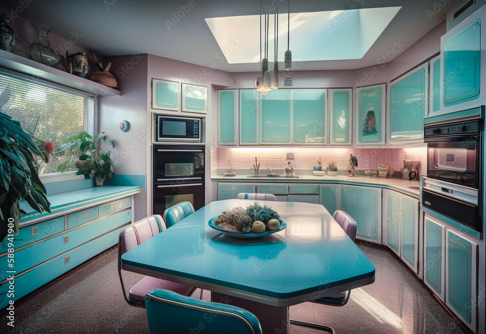ภาพประกอบสต็อก Retro 1980s kitchen interior design. Generative AI ภาพ ...