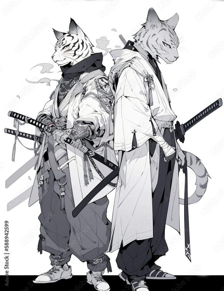 Fantasy character with Asian influences, cat warrior samurai, black ...