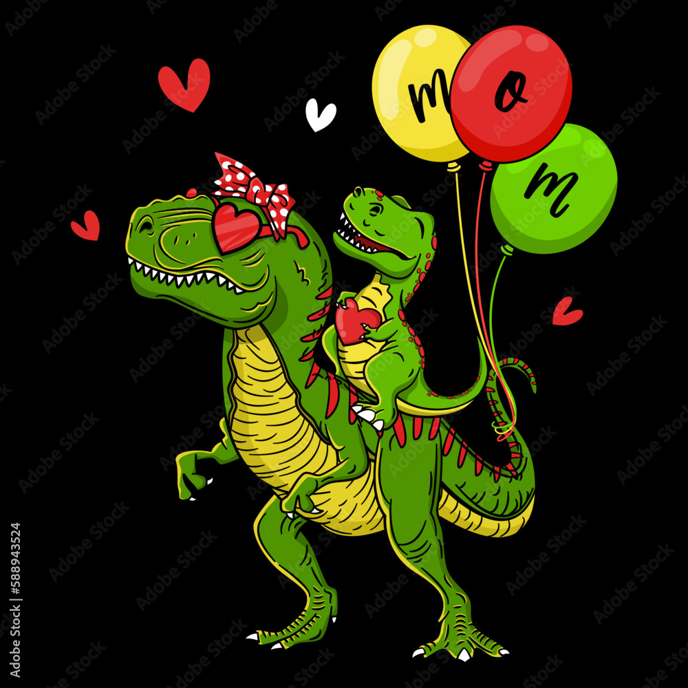 Mom Saurus , Mommy T-Rex and Baby Dinosaurus With balloons T-Shirt ...