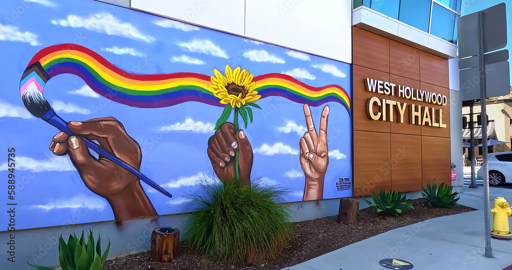 West Hollywood City Hall and LGBT wall mural painting with rainbow on ...