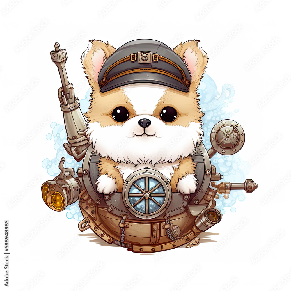 Cute white dog in steampunk submarine, u-boat, cartoon chibi style, AI ...