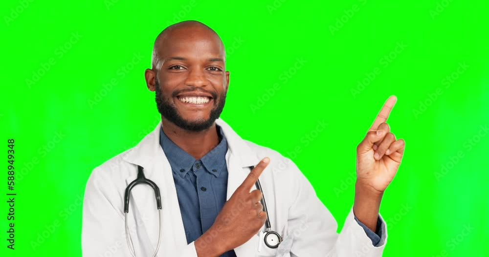 Green screen doctor, happy face and black man point at medical promo ...