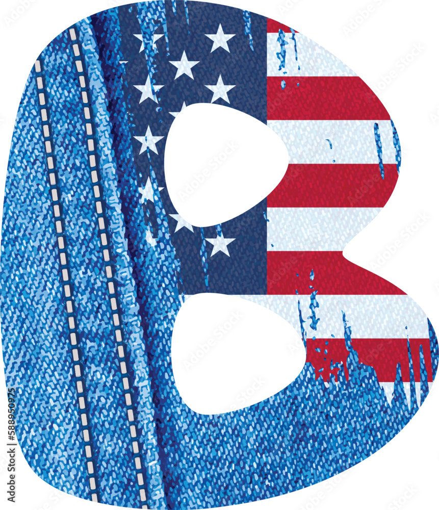 B letter with the texture of jean fabric and American flag as a brush ...