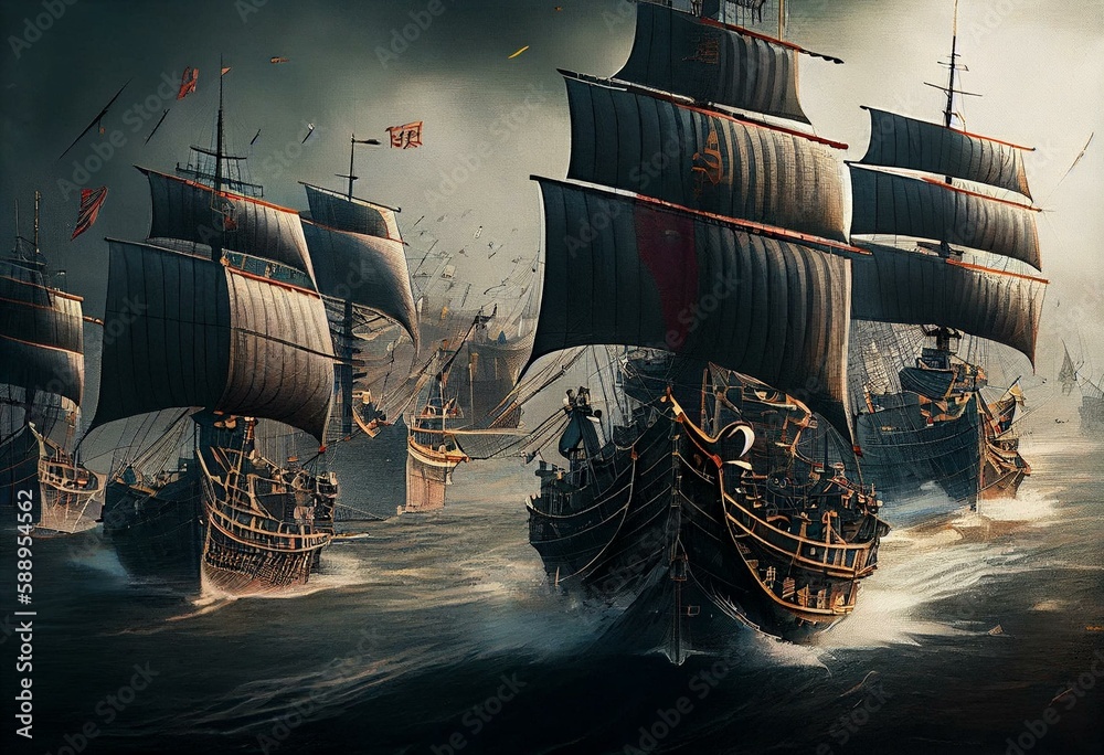 Ming Dynasty naval battle with antique ships in Lake Poyang artwork ...