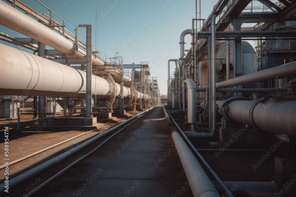 Large industrial gas pipelines in a modern refinery. Generative AI ...