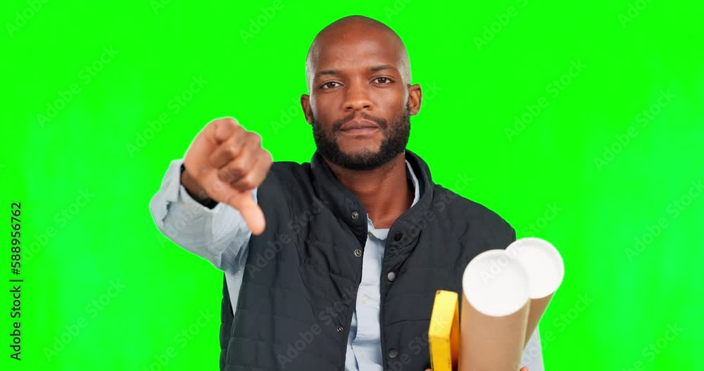 Black man, architect and thumbs down on green screen for bad ...