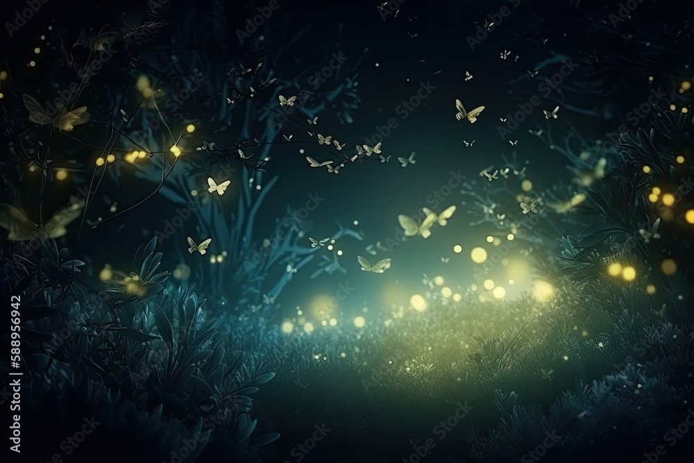 Flittering fireflies flying in the night Fantasy enchanted forest ...