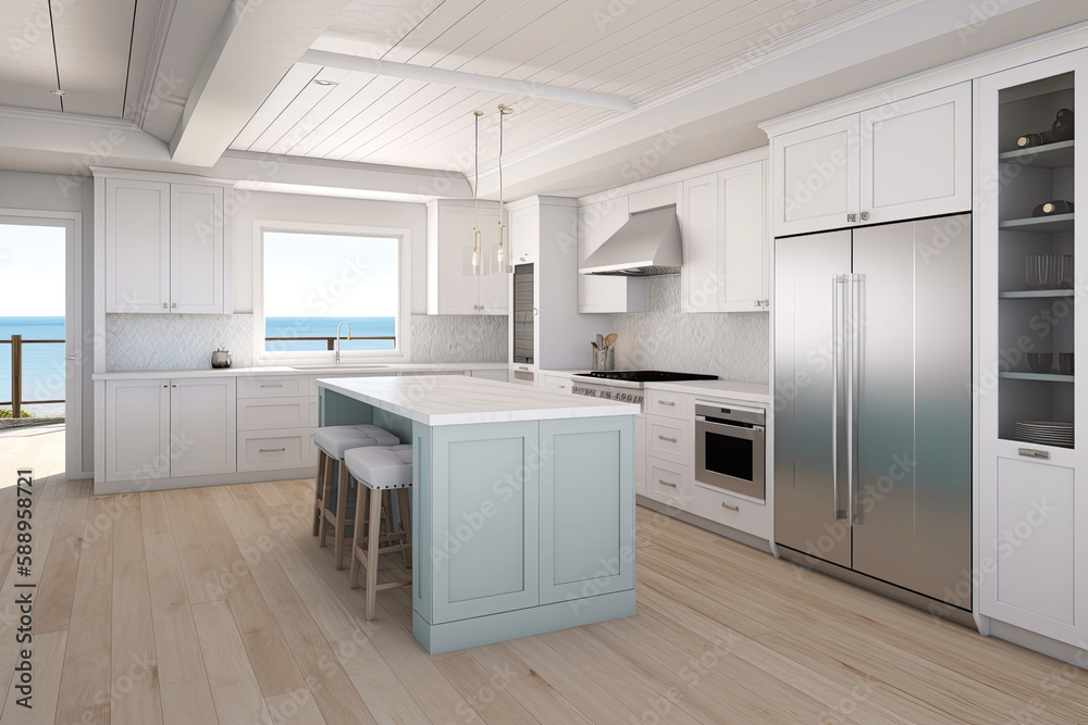 kitchen render for interior design, a coastal kitchen design. white ...