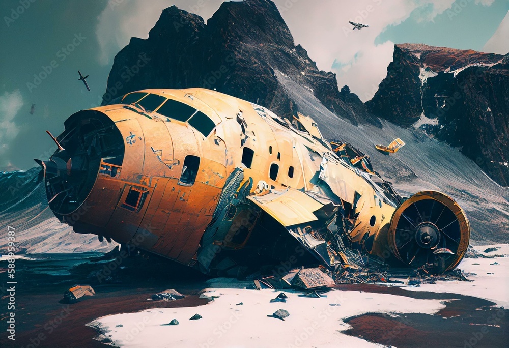Created with Generative AI technology. wreckage of an aircraft on a ...