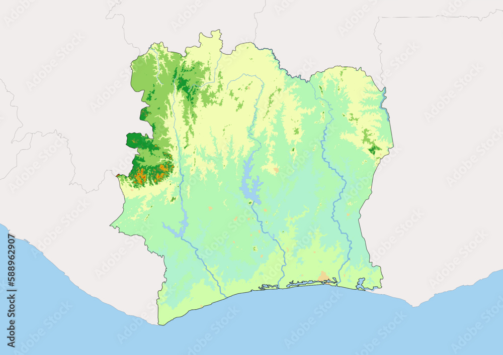 High detailed vector Ivory Coast physical map, topographic map of Ivory Coast on white with ...