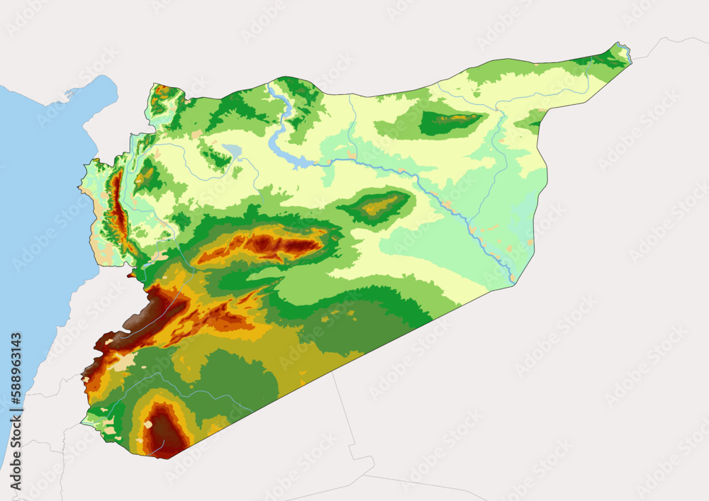 High detailed vector Syria physical map, topographic map of Syria on ...