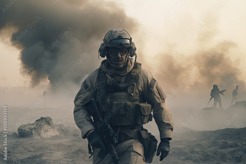 Lone soldier walking on the battlefield. Illustration of a military man ...