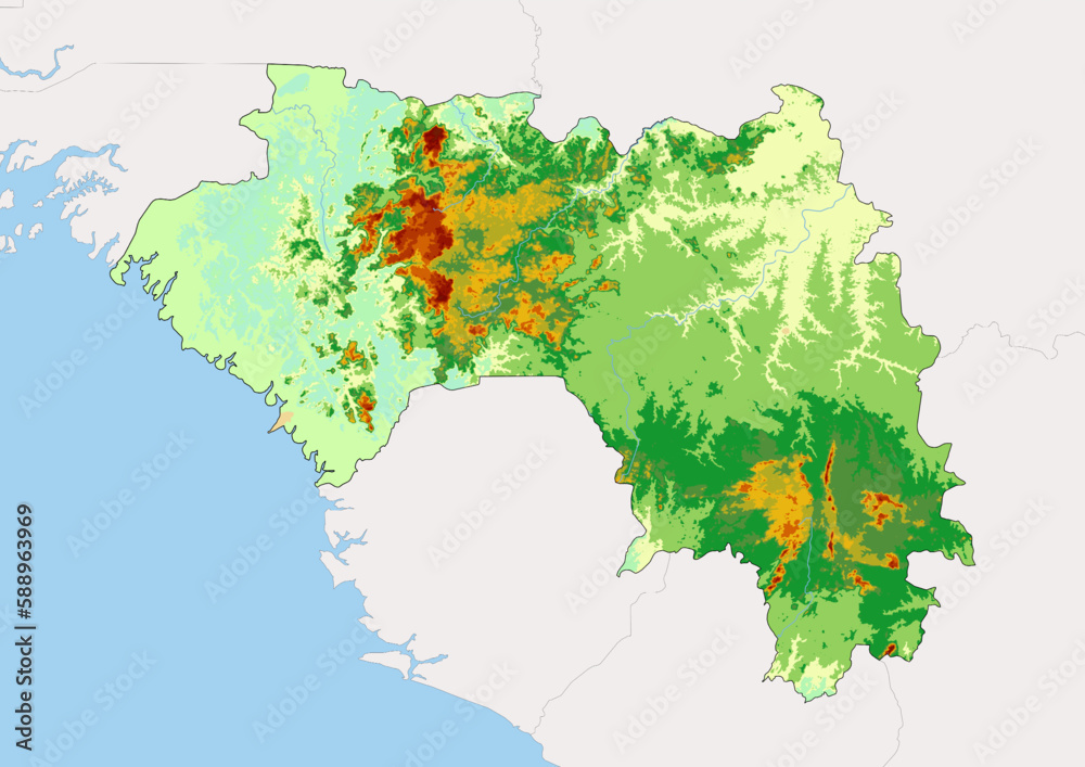 High detailed vector Guinea physical map, topographic map of Guinea on ...