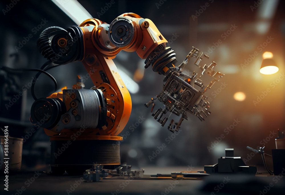 Technology: the fourth industrial revolution. Robotic arm repairs the ...