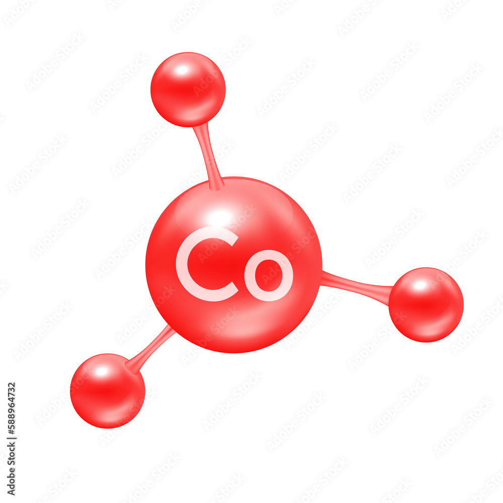 Cobalt mineral in the form of atoms molecules red glossy. Cobalt Co ...