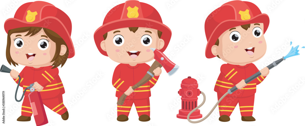 Cute fire fighter team cartoon with safety tools Stock Vector | Adobe Stock