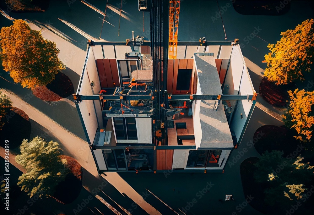 Modern modular home framework suspended by crane lift on construction ...