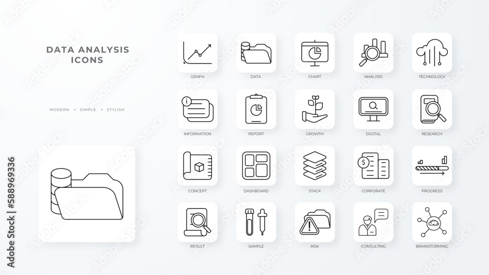 Vetor de Data analysis icon collection with black outline style. chart ...