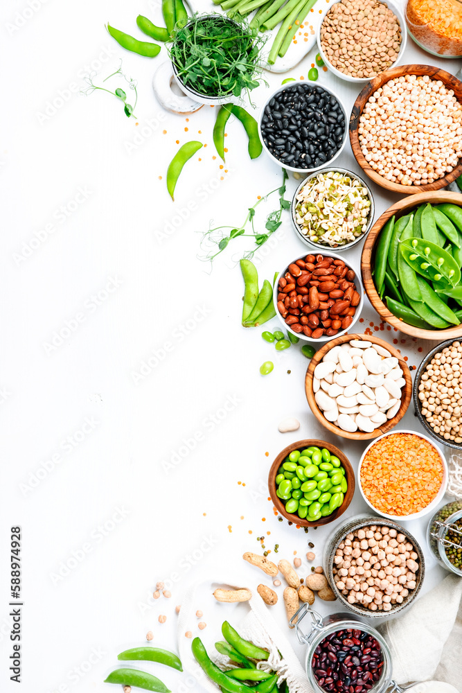 Legumes and beans set in jars. Dried, raw and fresh. Lentils, chickpeas ...