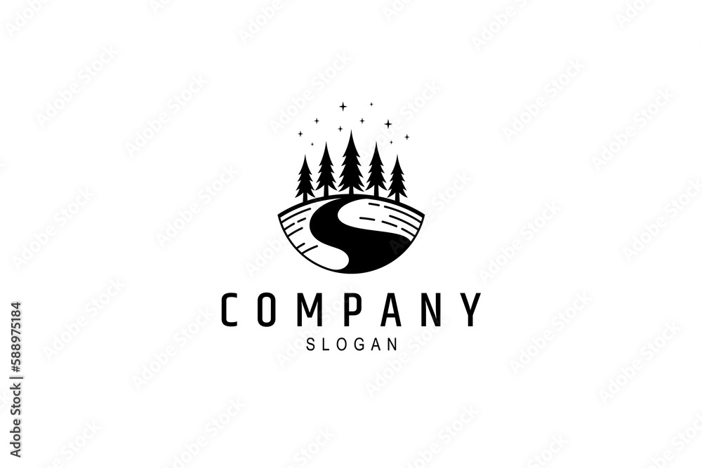 pine tree logo with a path at night decorated with shining stars Stock ...