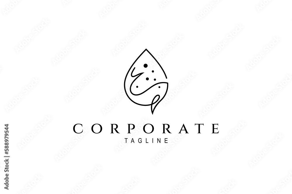water drop and fish logo with water bubble decoration in linear design ...