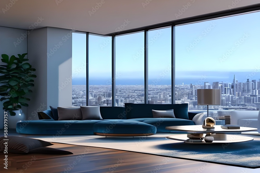 Zoom background: a modern penthouse living room with large windows ...