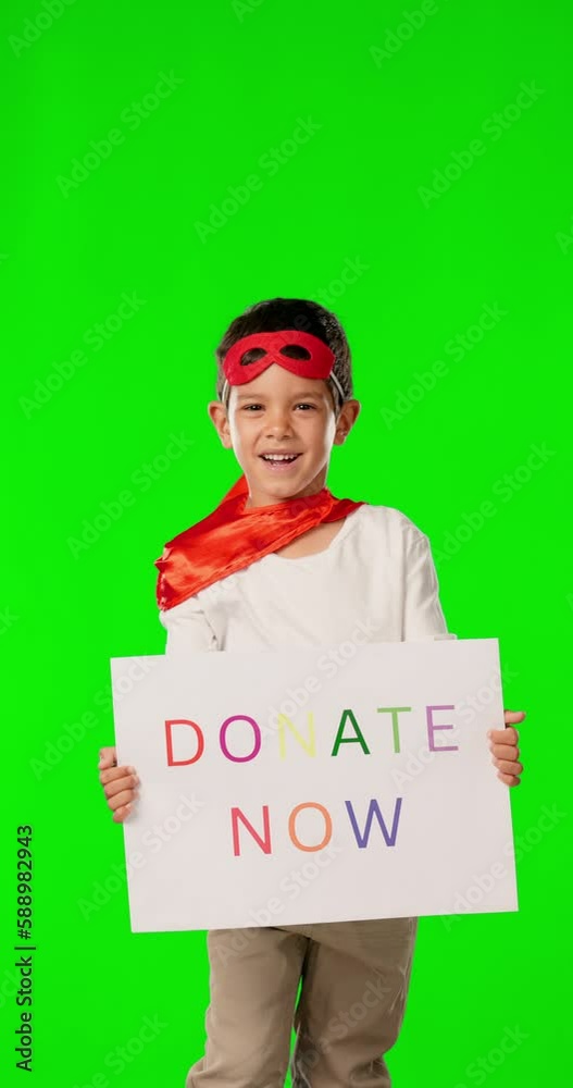 Video Stock Green screen, superhero and child with poster for donation ...